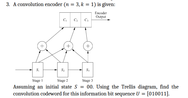 Solved A convolution encoder (n=3,k=1) ﻿is given:Assuming an | Chegg.com