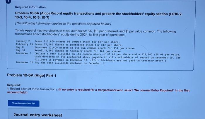 Solved Required information Problem 10-6A (Algo) Record | Chegg.com
