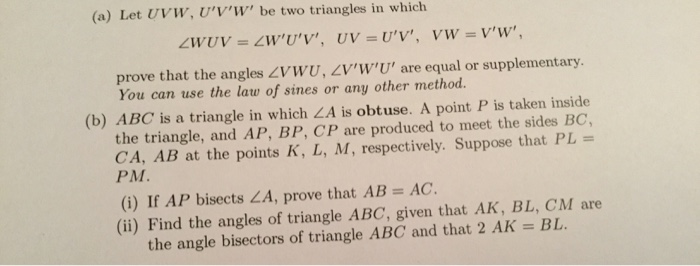 Solved (a) Let UVW, U'V'W' be two triangles in which ZWUV = | Chegg.com
