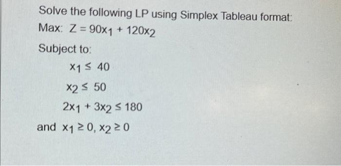 Solve the following LP using Simplex Tableau format: | Chegg.com