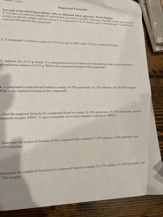 Solved Empirical Formulas For each of the following | Chegg.com