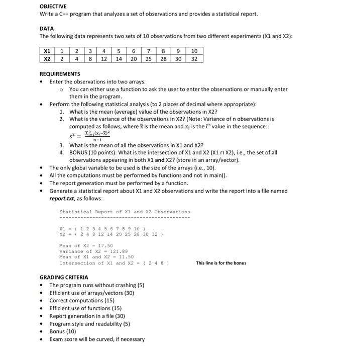 Solved OBJECTIVE Write a C++ program that analyzes a set of | Chegg.com