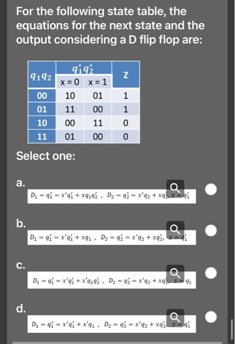 Solved For the following state table, the equations for the | Chegg.com