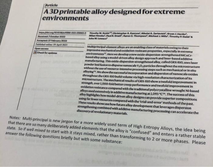 Solved A3D printable alloy designed for extreme environments | Chegg.com