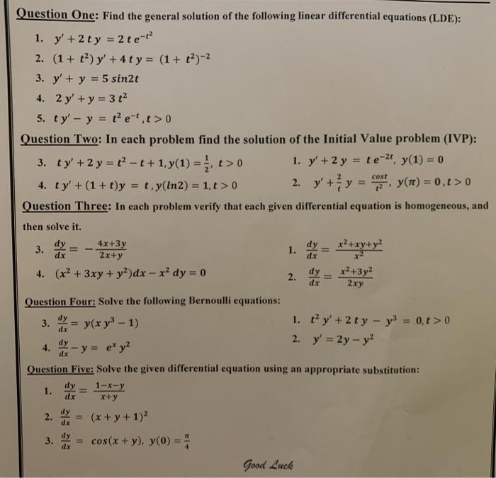 Solved Question One: Find the general solution of the | Chegg.com