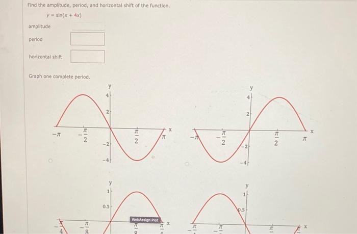 Solved Find the amplitude, period, and horizontal shift of | Chegg.com