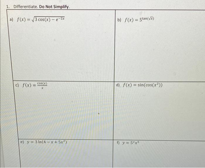 Solved 1. Differentiate. Do Not Simplify. a) f(x) = 3 cos(x) | Chegg.com
