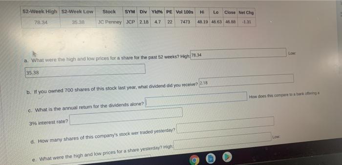 Solved 52-Week High 52-Week Low 78.34 35.38 Stock SYM Div | Chegg.com