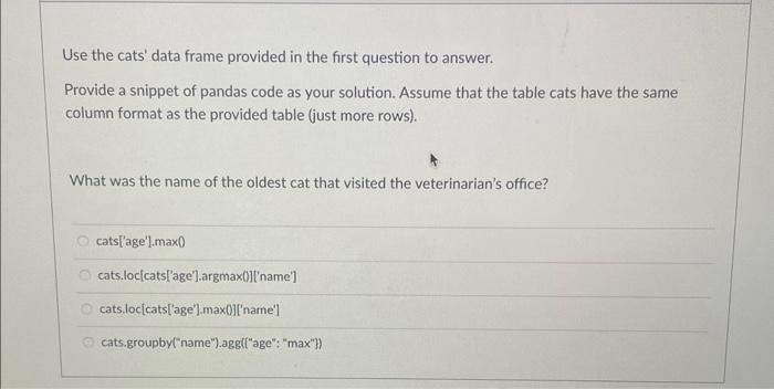 Solved The pandas DataFrame cats contain details on the | Chegg.com