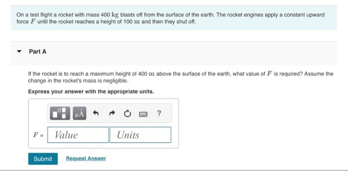 Solved On a test flight a rocket with mass 400 kg blasts off | Chegg.com
