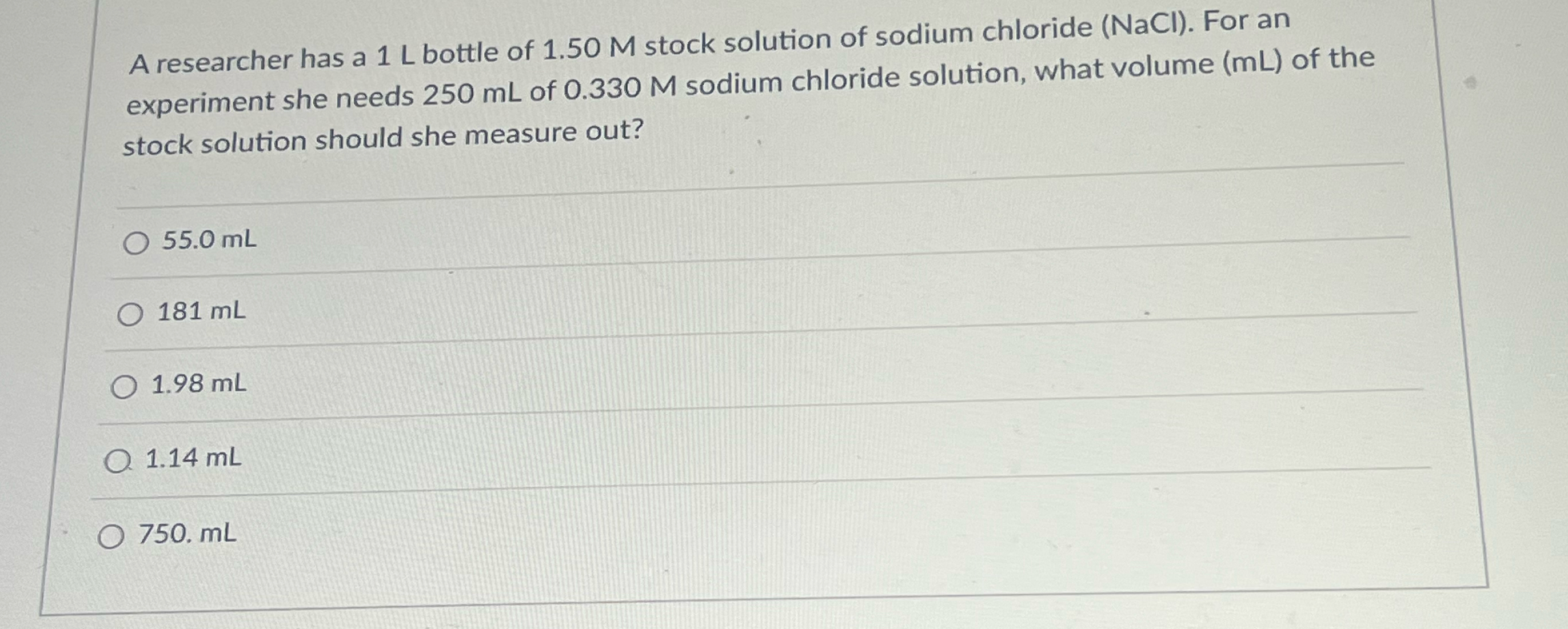 Solved A researcher has a 1L ﻿bottle of 1.50M ﻿stock | Chegg.com