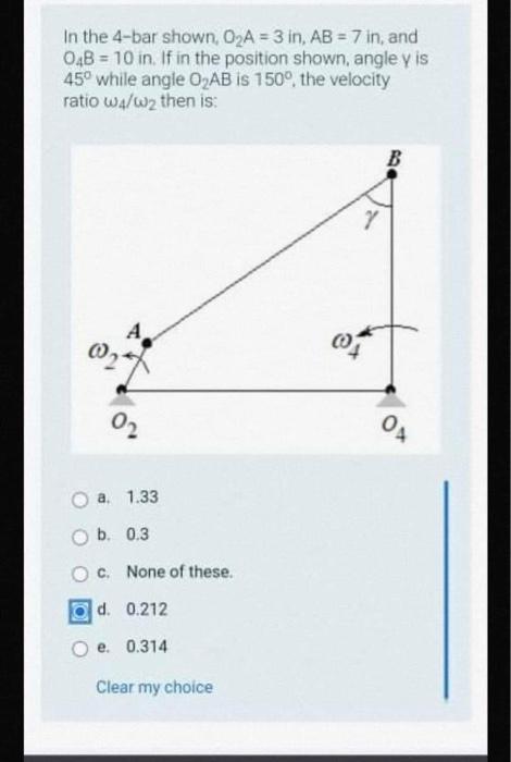 Solved In the 4-bar shown, O₂A = 3 in, AB = 7 in, and 04B 10 | Chegg.com