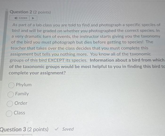 Solved Question 2 (2 points) Listen As part of a lab class | Chegg.com