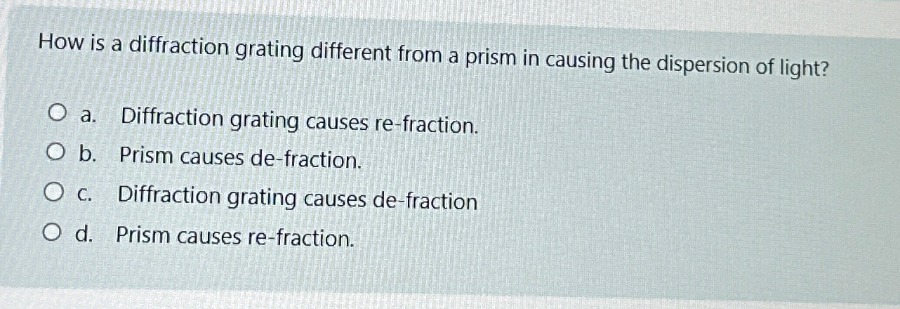 Solved How is a diffraction grating different from a prism | Chegg.com