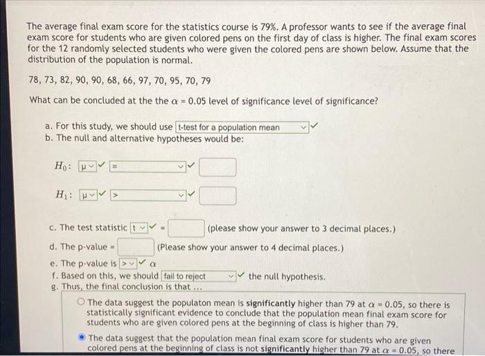 Solved The average final exam score for the statistics | Chegg.com