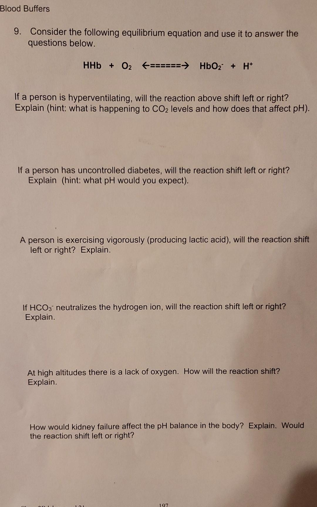 Solved Blood Buffers 9. Consider the following equilibrium | Chegg.com