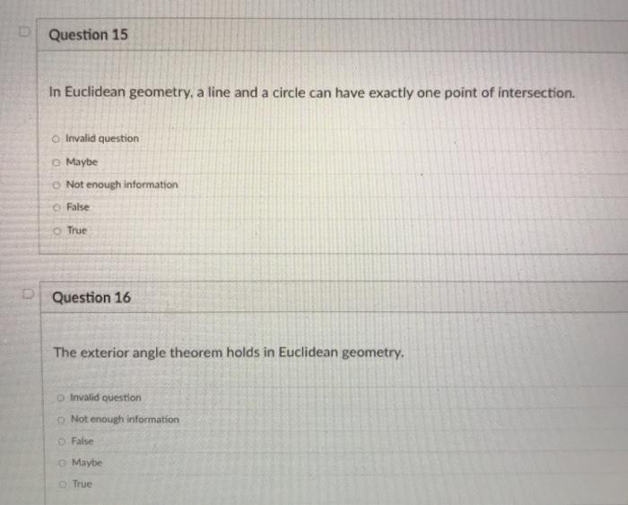 Solved D Question 15 In Euclidean geometry, a line and a | Chegg.com