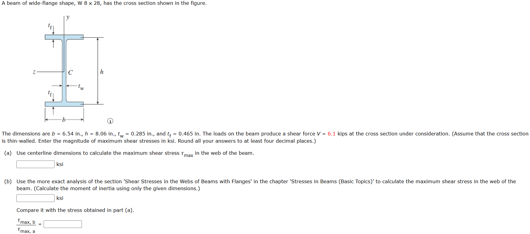 Solved A beam of wide-flange shape, W 8\times 28, ﻿has the | Chegg.com