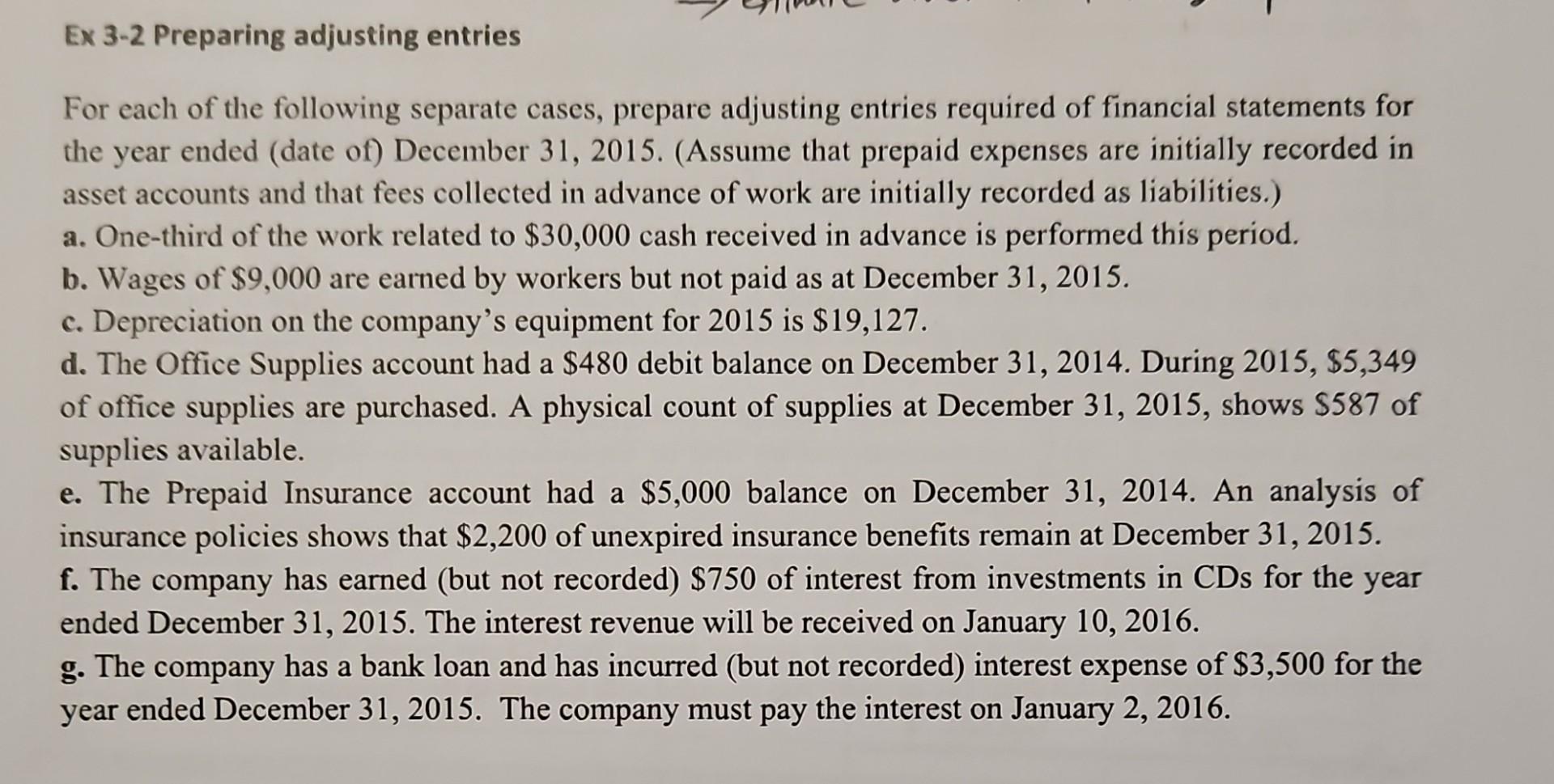 Solved Ex 3-2 Preparing adjusting entries For each of the | Chegg.com