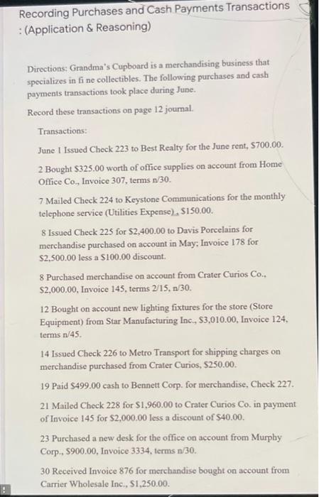 Recording Purchases and Cash Payments Transactions : | Chegg.com