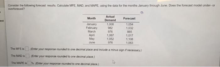 Solved Consider the following forecast results Calculate | Chegg.com