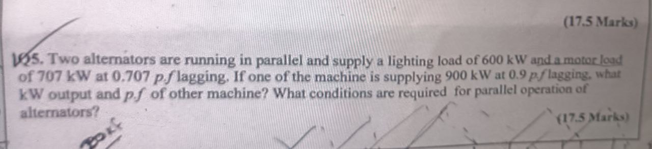 Solved W25. ﻿Two alternators are running in parallel and | Chegg.com