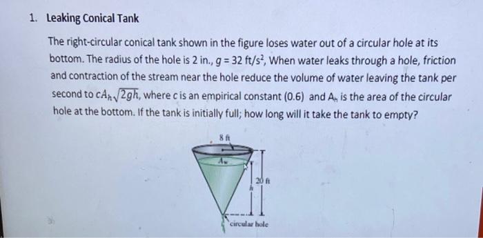 Solved Leaking Conical Tank The right-circular conical tank | Chegg.com Solved Leaking Conical Tank The right-circular conical tank | Chegg.com