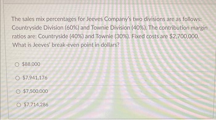 Solved The sales mix percentages for Jeeves Company's two | Chegg.com