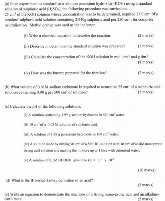 Solved (a) In an experiment to standardise a solution | Chegg.com