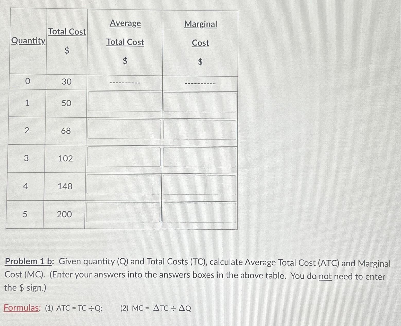Solved \table[[Quantity, Total Cost $,\table[[ Average Tota | Chegg.com