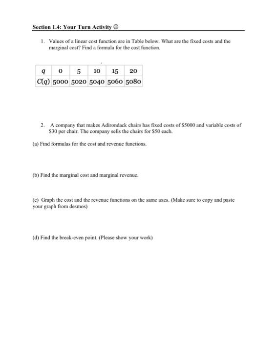 Solved 1. Values of a linear cost function are in Table | Chegg.com