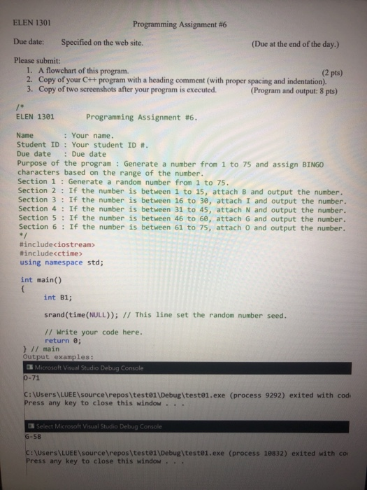 Solved Elen 1301 Programming Assignment 6 Due Date 