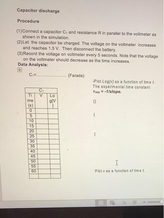 Experiment: RC Circuit Discharge Purpose To study the | Chegg.com
