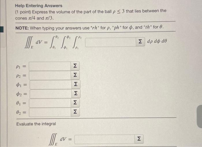 Help Entering Answers (1 point) Express the volume of | Chegg.com