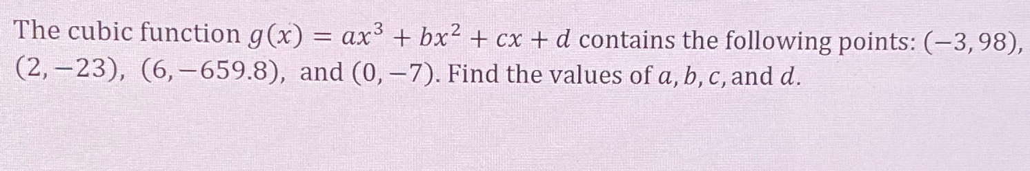Solved The cubic function g(x)=ax3+bx2+cx+d ﻿contains the | Chegg.com