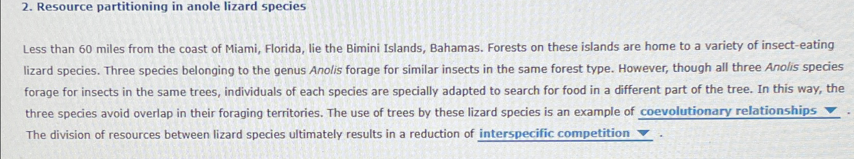 Solved Resource partitioning in anole lizard speciesLess | Chegg.com