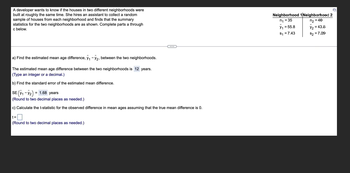 Solved A developer wants to know if the houses in two | Chegg.com
