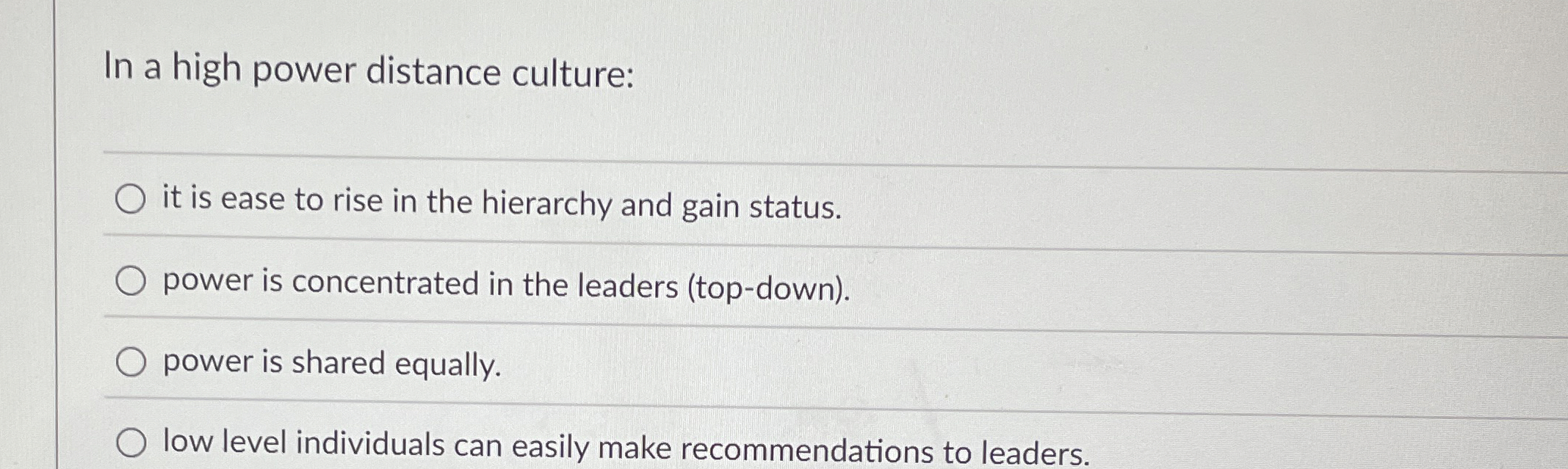 Solved In a high power distance culture:it is ease to rise | Chegg.com