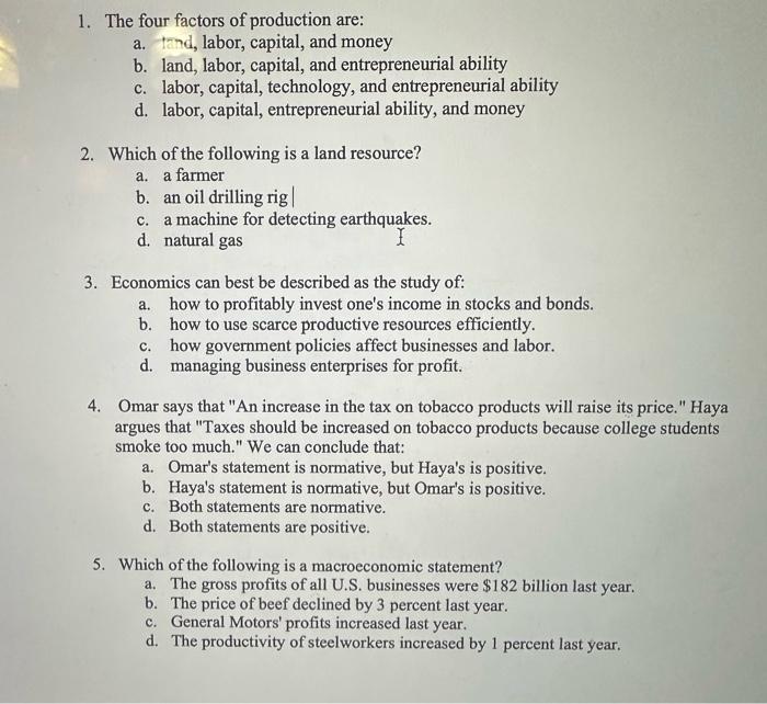 Solved 1. The four factors of production are: a. tind, | Chegg.com