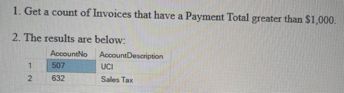 Solved 1. Get a count of Invoices that have a Payment Total | Chegg.com
