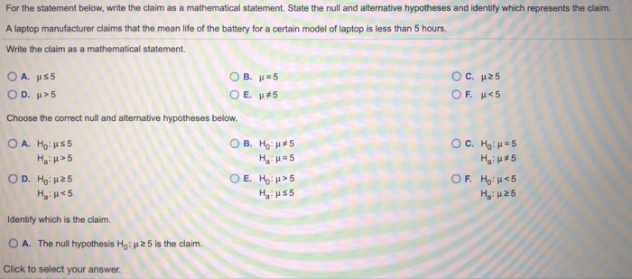 Solved For the statement below, write the claim as a | Chegg.com