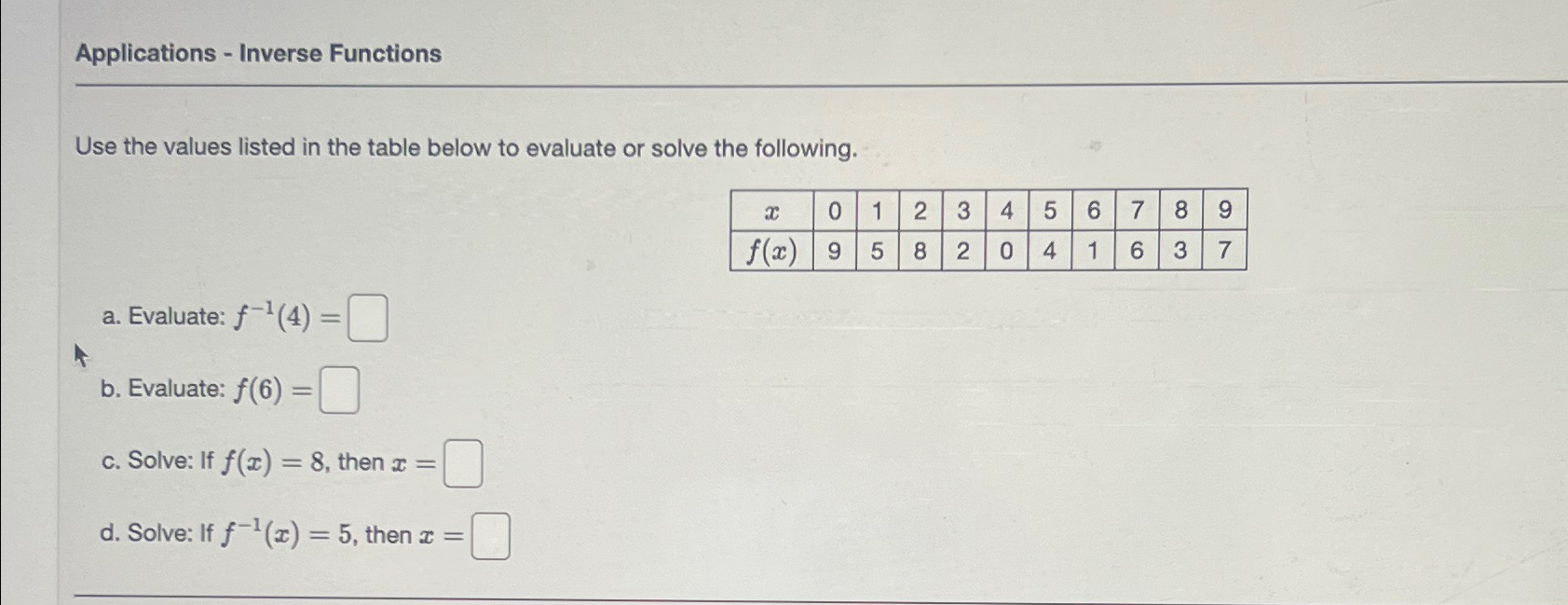 Solved Applications - ﻿Inverse FunctionsUse the values | Chegg.com