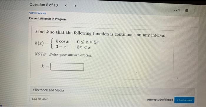 Solved Find k so that the following function is continuous | Chegg.com