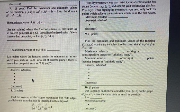 Solved 1. (1 point) Find the maximum and minimum values of | Chegg.com