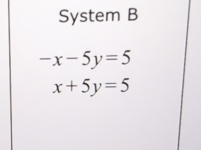Solved System B-x-5y=5x+5y=5 | Chegg.com