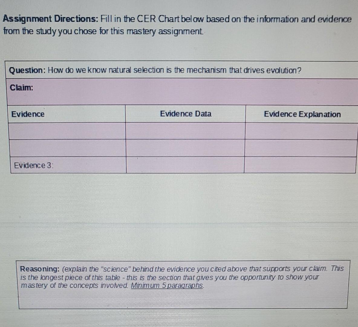 Solved Assignment Directions: Fill in the CER Chart below | Chegg.com