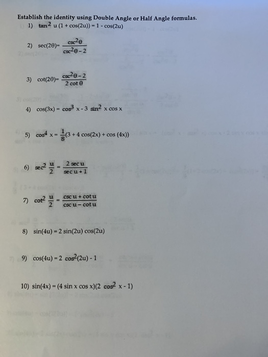 Solved Establish the identity using Double Angle or Half | Chegg.com