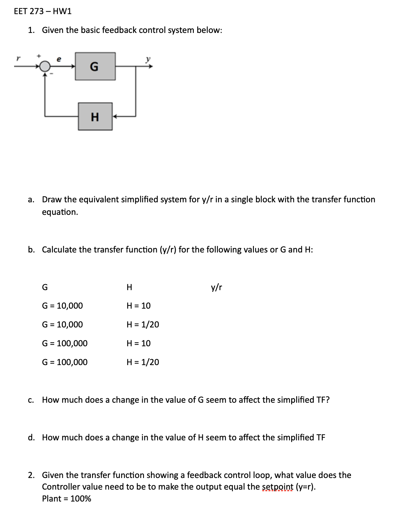Solved EET - ﻿HwGiven the basic feedback control system | Chegg.com