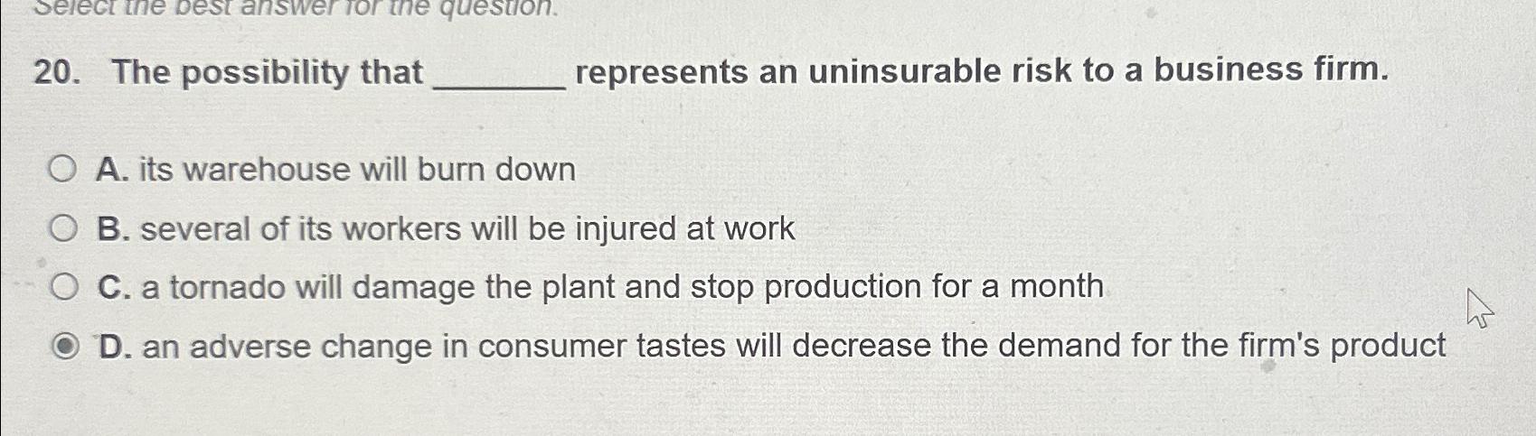 Solved The possibility that represents an uninsurable risk | Chegg.com