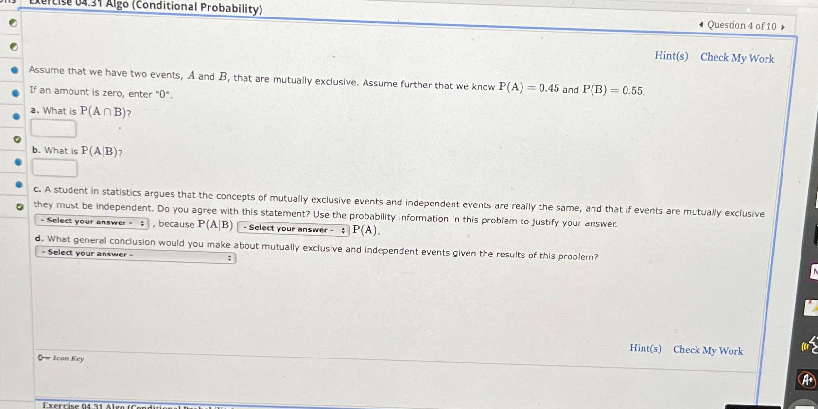 Solved 4.31 ﻿Algo (Conditional Probability)Question 4 ﻿of | Chegg.com